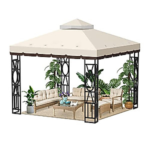 KILAKILA 10x10 Canopy Replacement Top, Double Tier Gazebo Replacement Canopy, Waterproof Mosquito Canopy Tent for Patio Garden Yard, Double Lace (Off-White+Coffee Brown lace)