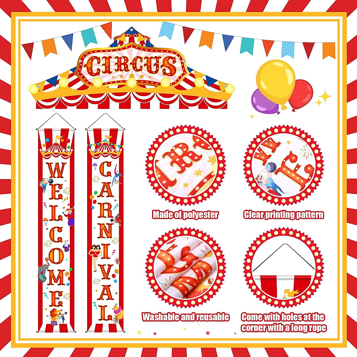 Blulu 3 Pcs Carnival Circus Porch Banner Decorations Circus Party Awning Hanging Banner Carnival Welcome Door Banner Set Carnival Circus Party Supplies for Circus Theme Birthday Decor