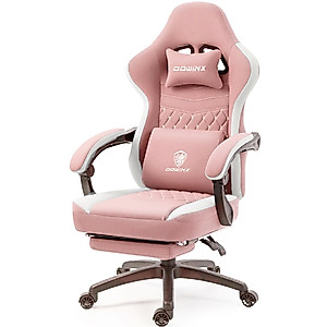 Dowinx Gaming Chair Breathable Fabric Computer Chair with Pocket Spring Cushion, Comfortable Office Chair with Gel Pad and Storage Bag,Massage Game Chair with Footrest,Pink