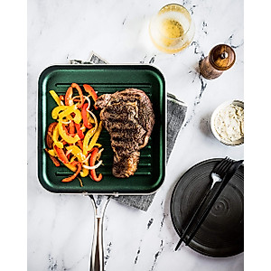 Granitestone Green Nonstick Grilling Pan Diamond Infused, Metal Utensil Sear Ridges for Grease Draining, Stainless Steel Stay Cool Handle, Oven & Dishwasher Safe, 100% PFOA Free, 10.5"