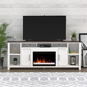 Bridgevine Home Modern 85 Inch Electric Fireplace TV Console. Accommodates TVs up to 95 inches. Fully Assembled. Poplar Solids and Okume Veneers. Jasmine Whitewash and Whiskey Finish.