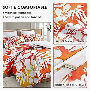Duvet Cover Full Size, Red Hibiscus Hawaiian Flower Bedding Set with Zipper Closure for Kids and Adults, Surf Floral Tropical Comforter Cover with 2 Pillow Shams for Bedroom Bed Decor