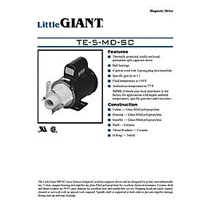 Little Giant TE-5-MD-SC 115/230-Volt, 50/60 Hz, 1/10 HP, 1200 GPH Magnetic Drive Non- Submersible Mildly Corrosive Chemical Transfer Pump, 6-Foot Power Cord with Separate Plug, Black/White, 584504