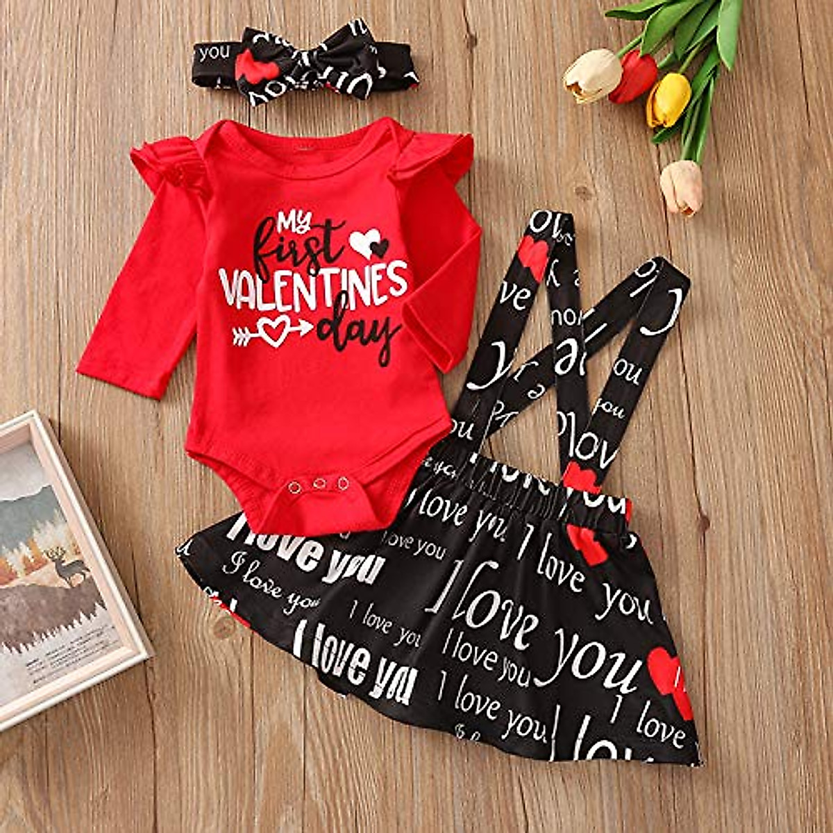 My First Valentine's Day Baby Girl Outfits Ruffle Long sleeve Romper Tops+Suspender Skirt+Headband Clothes Sets (Red, 0-3 months)