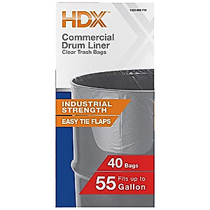 HDX 55 Gallon Clear Heavy-Duty Flap Tie Drum Liner Trash Bags (40-Count)