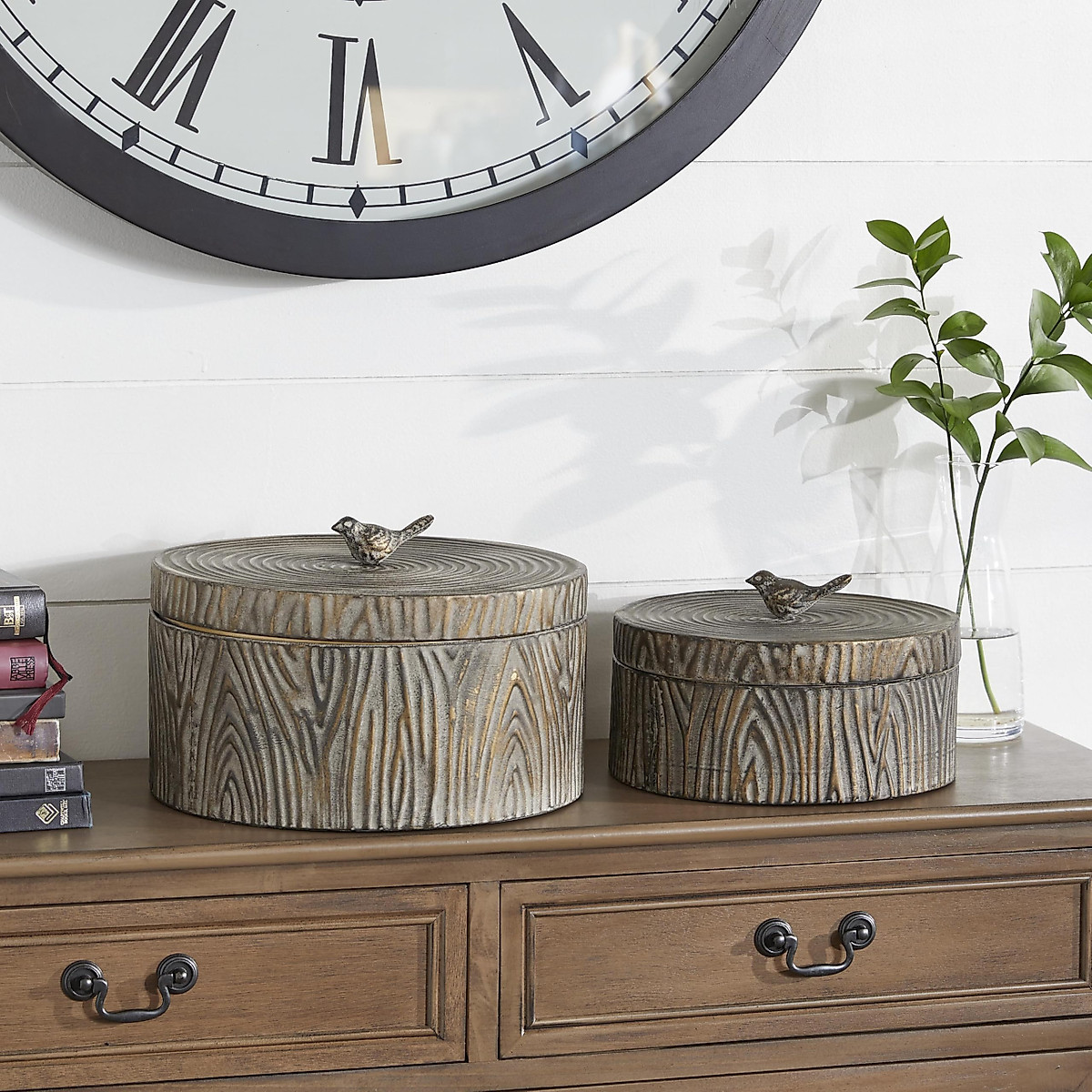 Deco 79 Metal Bird Living Room Decorative Jars Carved Decorative Container, Set of 2 Jar with Lid 7", 6"H, Bronze