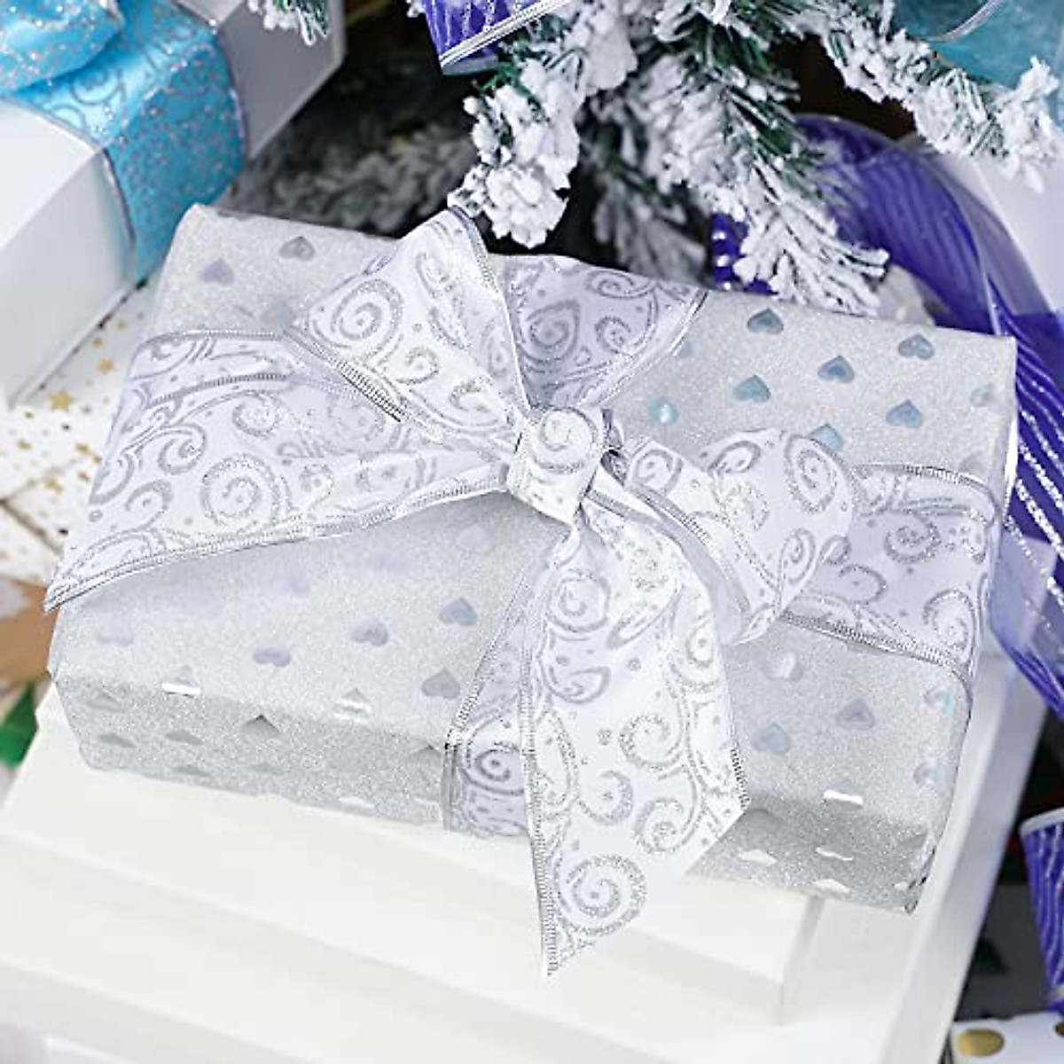 AIMUDI Blue and Silver Christmas Ribbon Wired 2.5" Ice Blue Christmas Tree Ribbon Garland 6 Rolls 36 Yards Turquoise Blue Ribbon for Christmas Tree Topper Bows, Crafts, Gift Wrapping, Wreaths