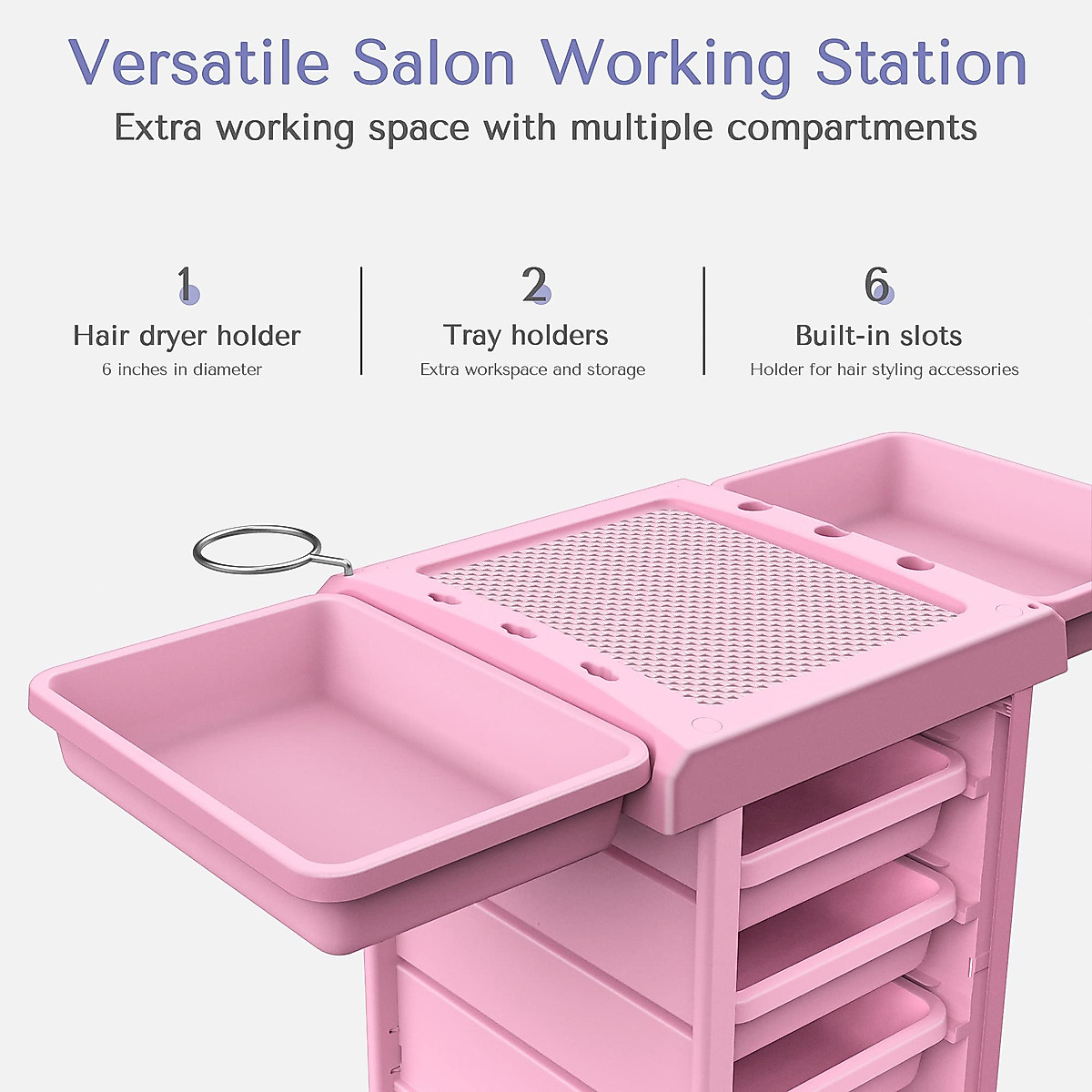 TASALON Salon Trolley Cart for Salon Station - Space Saving Salon Rolling Cart for Extra Storage - Hair Salon Beauty Cart - 6-Tray Salon Cart - Multipurpose Tool Cart - Tattoo Tray- Pink