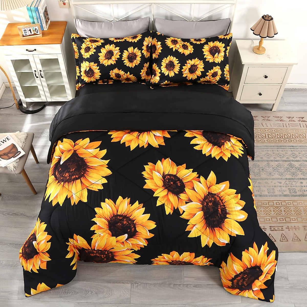 Wowelife Sunflower Bedding Set Sunflower Full Size Comforter Sets, 5 Piece Floral Bag in a Bag, Premium Sunflower Single Bed Set for Girls with Comforter, Flat Sheet, Fitted Sheet and 2 Pillowcases