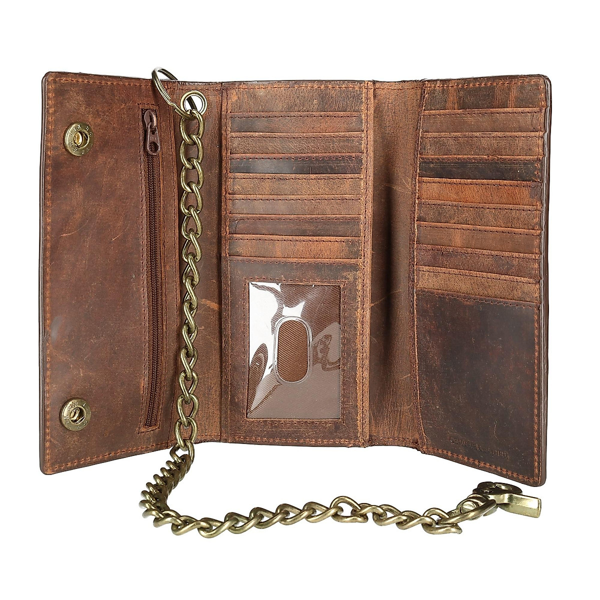 CTM® Men's Crazy Horse Leather RFID Long Trifold Chain Wallet, Brown