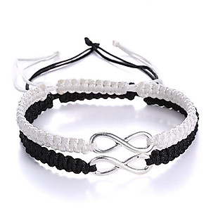 COLORFUL BLING 2Pcs Infinity Distance Couple Braided Handcrafted Luck Bracelet Bangle Adjustable Rope His and Hers Wristband Wrist Jewelry-black white