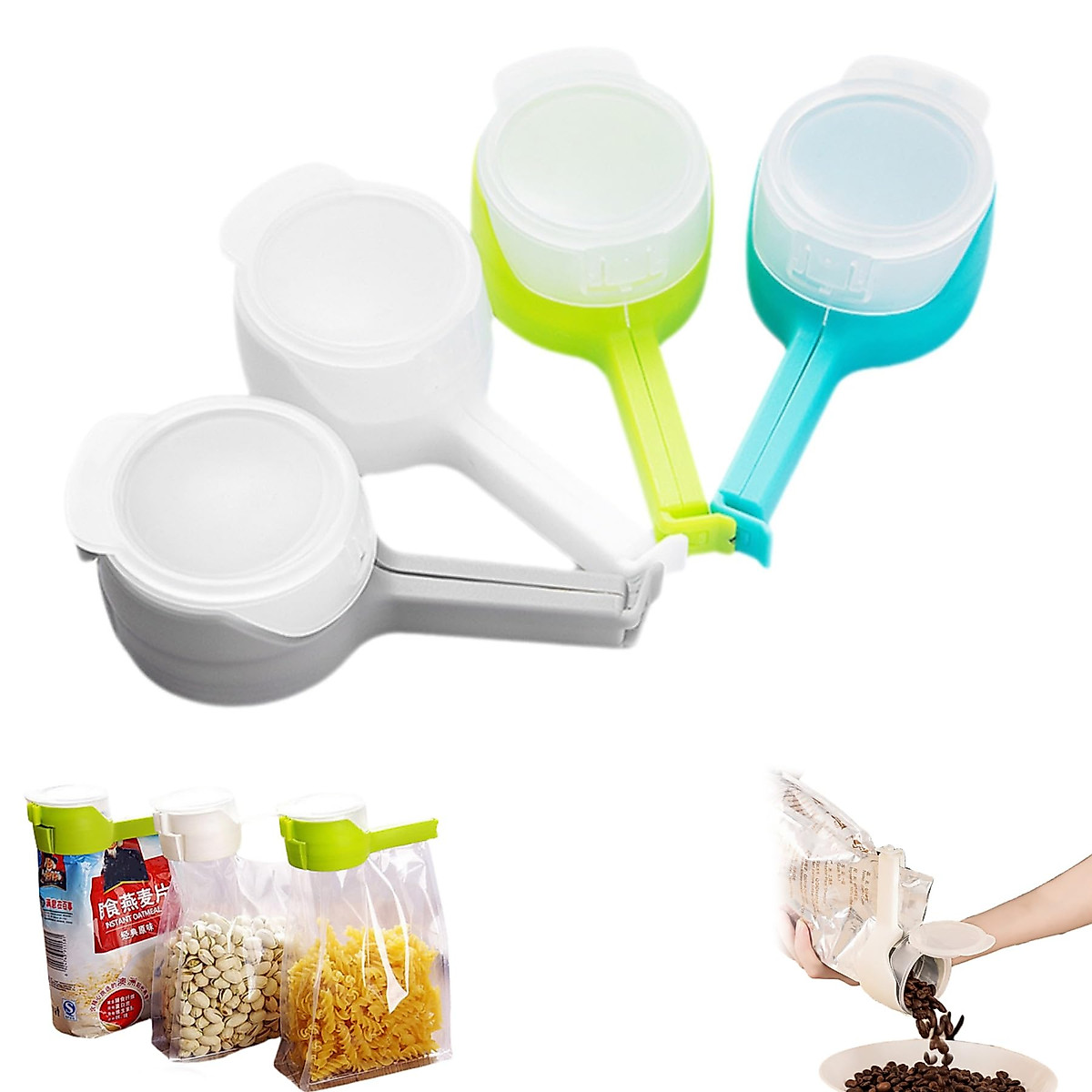 Bag Clips with Pour Spout, Bag Spout Clip, Seal and Pour Bag Clip, Food Bag Clips with Pour Spouts, Snack Clips That Pour, Food Storage Sealing Clips with Pour Spouts (4Pcs)