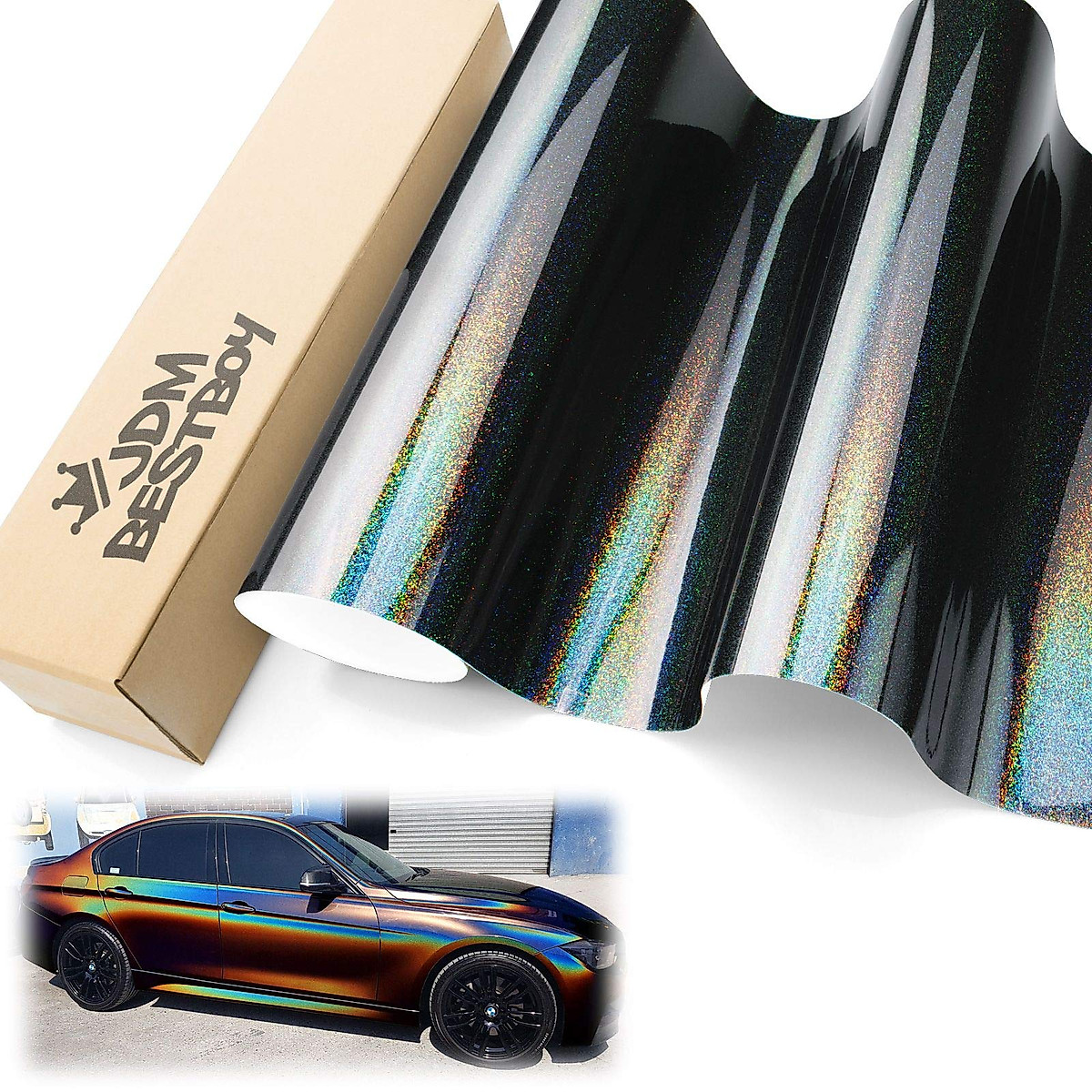 JDMBESTBOY 4"x8" Sample Psychedelic Black Gloss Metallic Rainbow Holographic Vinyl Wrap Sticker Film