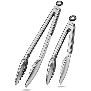 Bnlcd Cooking Tongs with Teeth, Premium Stainless Steel Kitchen Tongs Set of 2-9" and 12", Heavy Duty Locking Metal Food Tongs with Non-Slip Grip - Black