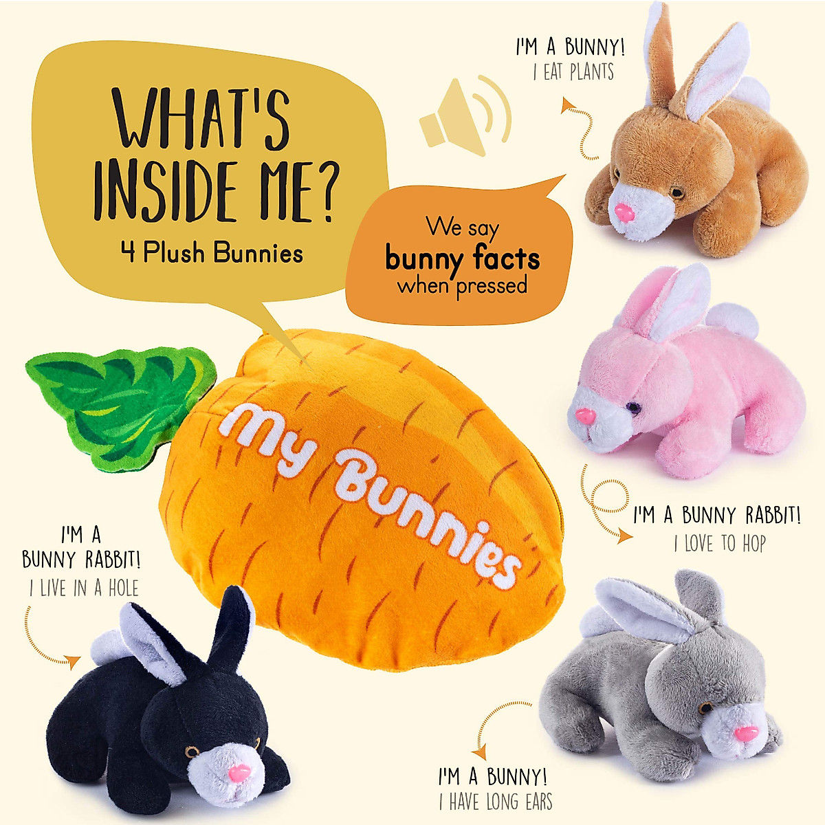 My Bunnies Plush Toy Set | Includes 4 Talking Fluffy Rabbits | Gray, Tan, Pink, and Black Bunnies with A Plush Carrot Shaped Carrier | Great Gift for Baby and Toddler Girls or Boys