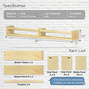 Harwaya Floating Nursery Book Shelves for Wall, 32 Inch Long Wall Bookshelf for Kids Room Bedroom, Wooden Large Wall Shelf with Hanging Rod for Baby Toddler Child Clothes (3-Pack, Natural Wood)