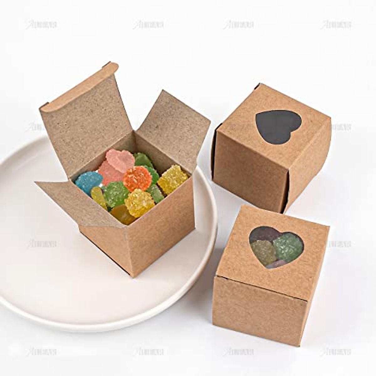 AUEAR, 50 Pack of Kraft Gift Boxes with Clear Plastic Heart Window 2x2x2 inch Treat Gift Boxes for Cake Candy Cookies Dessert