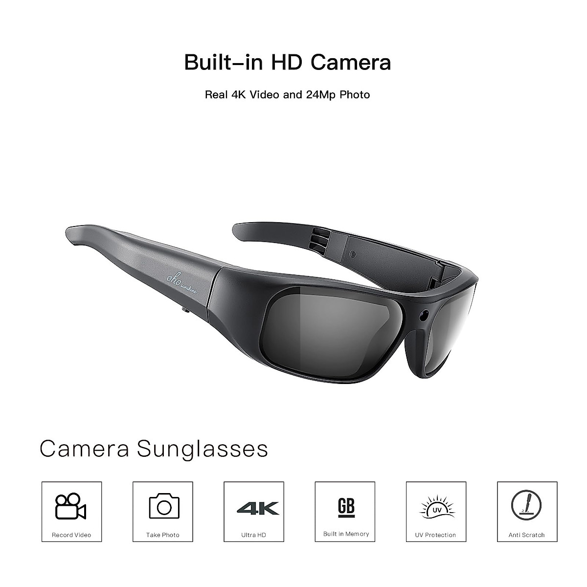 OhO Camera Glasses,4K Pro 24M Resolution H.265 Smart Glasses with Built-in 32GB Memory,UV400 Sunglasses for Outdoor Sport