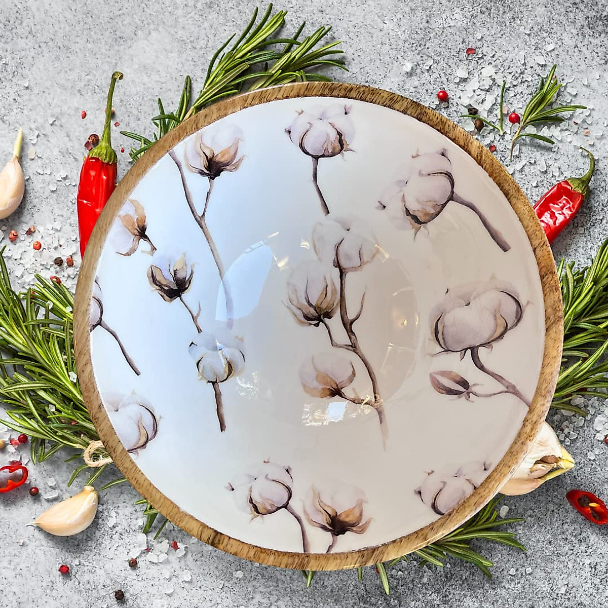 The Fern Trail Wood Serving Bowl | Salad Bowl with Tongs | Wooden Decorative Bowl | Wood Fruit Bowl for Kitchen Counter | Mango Wood Bowl (Blue)