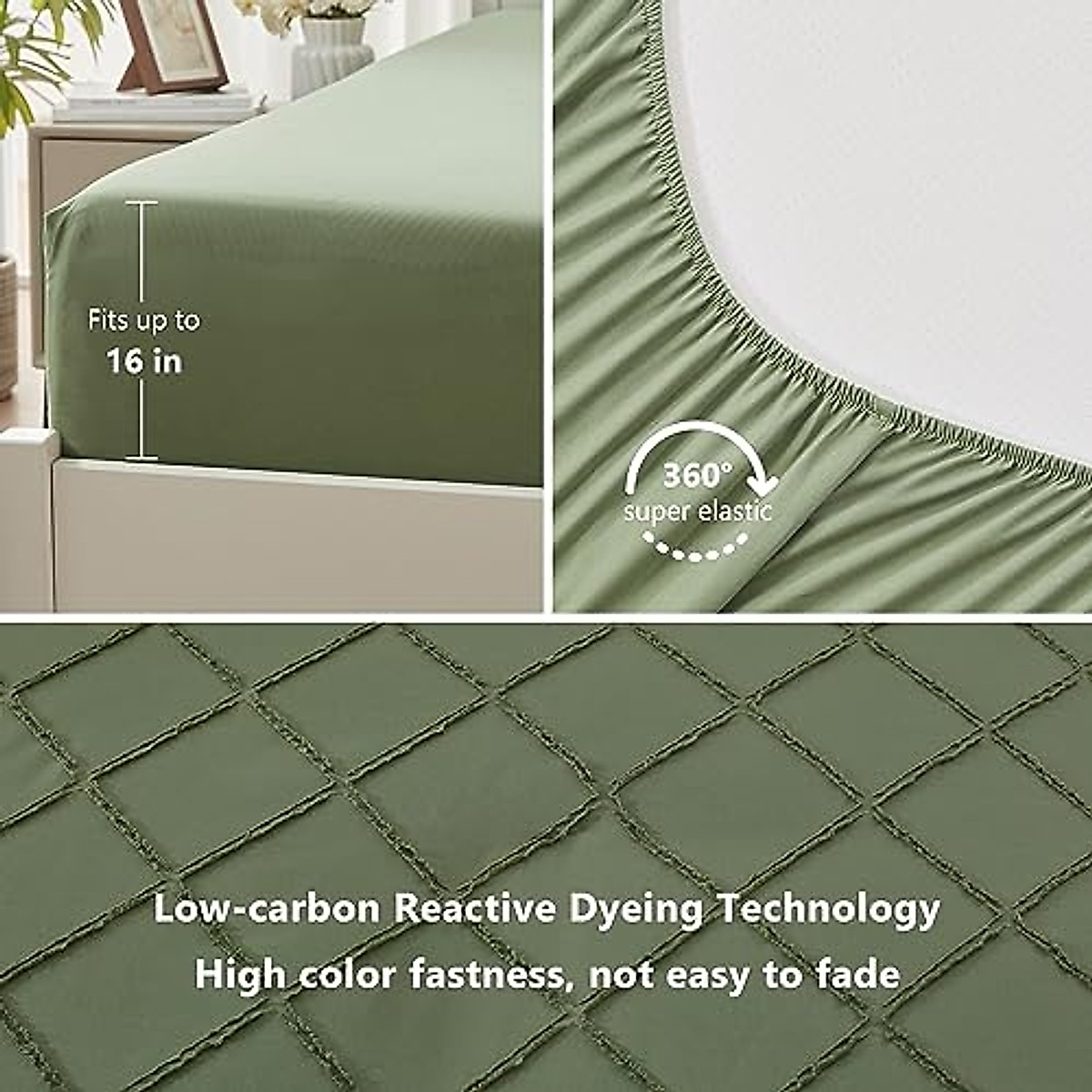 Boho Olive Green Comforter Set with Jacquard Tufted Design, Farmhouse Bedding Sets for All Seasons, Soft 7 Pieces Queen Bed in a Bag with Comforter, Flat Sheet, Fitted Sheet, Pillowcases & Shams