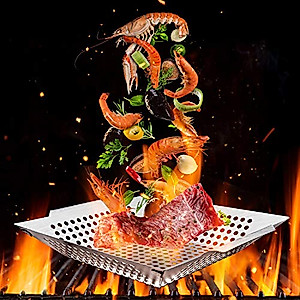 Leonyo 12" & 8" Grill Basket for Vegetables & Meat – 3PCS Heavy Duty Grill Utensils Set, Built to Last Stainless Steel Barbecue Grilling Accessories for All Grills & Smokers & Veggie, Grilling Gift