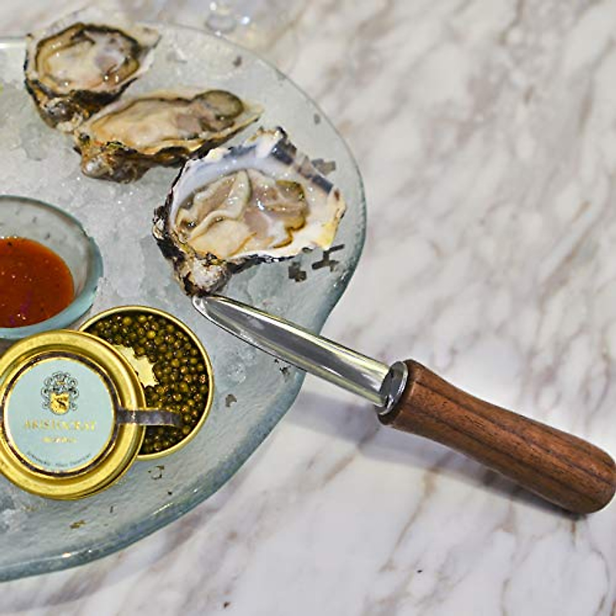 Sabo Personalized Oyster Shucking Knife Custom Engraved Clam Knife with Stainless Steel Blade and Wooden Handle Grip Set of 4