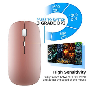 QIJIAYI 2.4GHz Wireless Bluetooth Mouse,Dual Mode Slim Rechargeable Wireless Mouse Silent USB Mice, 3 Adjustable DPI,Compatible for Laptop Windows MacBook Android MAC PC Computer (Rose Gold)