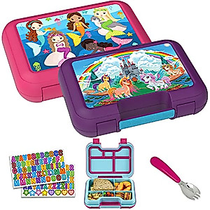 Mainstream Source Kids Grab-and-Go Bento Lunch Bento Box – Includes Removable Tray w/ 5 Compartments, Spork, & Name Stickers, the Ultimate Kids Lunch Box (2 Pack, Unicorns Castle & Mermaids)