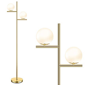 Mid Century Floor Lamp - 2 Globe Modern Standing Lamp with Foot Pedal, Frosted Glass Stand Up Lights for Living Room, Bedroom, Office, Contemporary LED Antique Brass|Gold Tall Pole Light Indoor