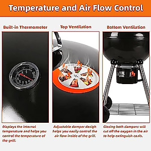 Hykolity 22 in. Kettle Charcoal Grill, Kettle Grill with Wheels, Built-In Thermometer, Porcelain-Enameled Lid and Bowl, Slide Out Ash Catcher, Charcoal BBQ Grill for Outdoor Cooking, Patio, Backyard