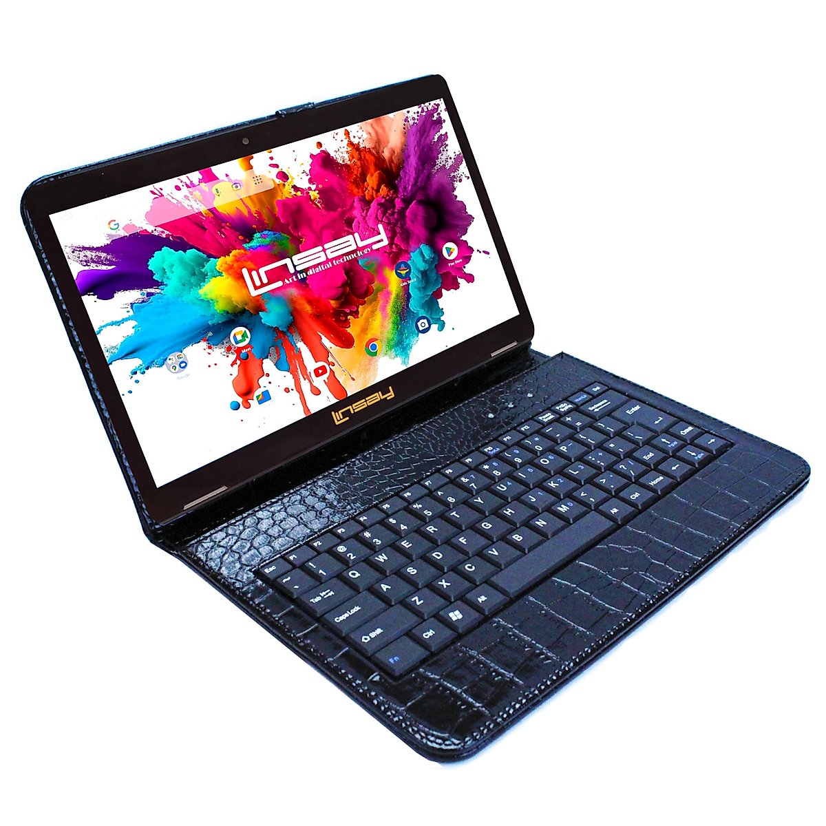 LINSAY 10.1" High End Octa Core 4GB RAM 128GB Storage Android 13 Google Certified Tablet with Black Crocodile Style Keyboard