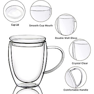 15 Oz Double Walled Glass Coffee Mugs, 2 Packs Clear Coffee Mugs with Lids Insulated Coffee Cups with Handle Perfect for Cappuccino,Tea,milk ,Espresso,Latte, Hot Beverage Set of 2 (Glass lid, 15oz)