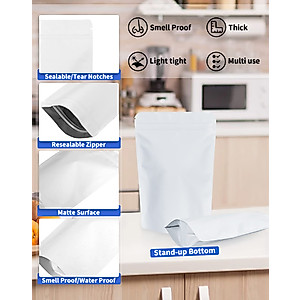 100 Pack Resealable Stand Up Bags,4.7" x 7.9" Smell Proof Pouch Sealable Foil Pouch Bags for Packaging (White)