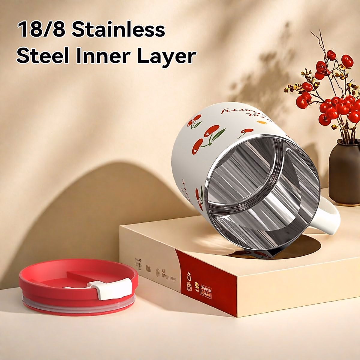 Maiyuansu Cherry Print Stainless Steel Tumbler with Handle Insulated Coffee Cup with Hadle and Lid Portable Travel Mug Water Bottle Double Wall Insulation