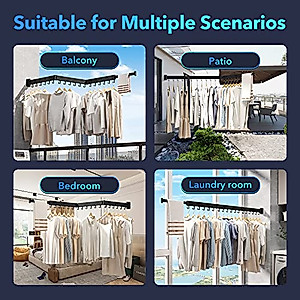 ADUUNKA Clothes Drying Rack Wall Mounted, Wall Mount Laundry Drying Rack, Drying Rack Clothing, Laundry Rack Retractable, Foldable Clothes Hanger Rack, Laundry Hanging Rack, Black Color（J-Hooks