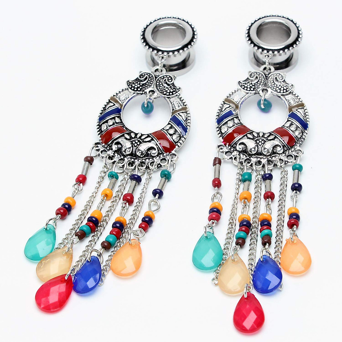 00G 10mm 316L Surgical Steel Multicolor Beads Tassel Dangle Ear Gauges Piercing Flesh Tunnels Plugs Statement Earrings