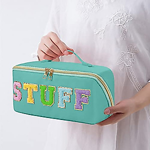 Huifen Stoney Clover Dupes Preppy Makeup Bag, Travel Cosmetic Bag Stuff Bag Chenille Letter Bag Large Capacity Nylon Bags Wide Open Falt Toiletry Bag Make up Organizer for Women Girls (Green)