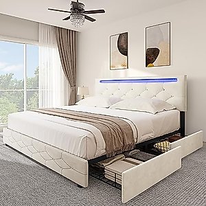 YITAHOME Bed Frame Queen Size, Led Bed Frame with 4 Storage Drawers, Adjustable Upholstered Headboard Platform Bed with Wooden Slats Support, No Box Spring Needed, Beige