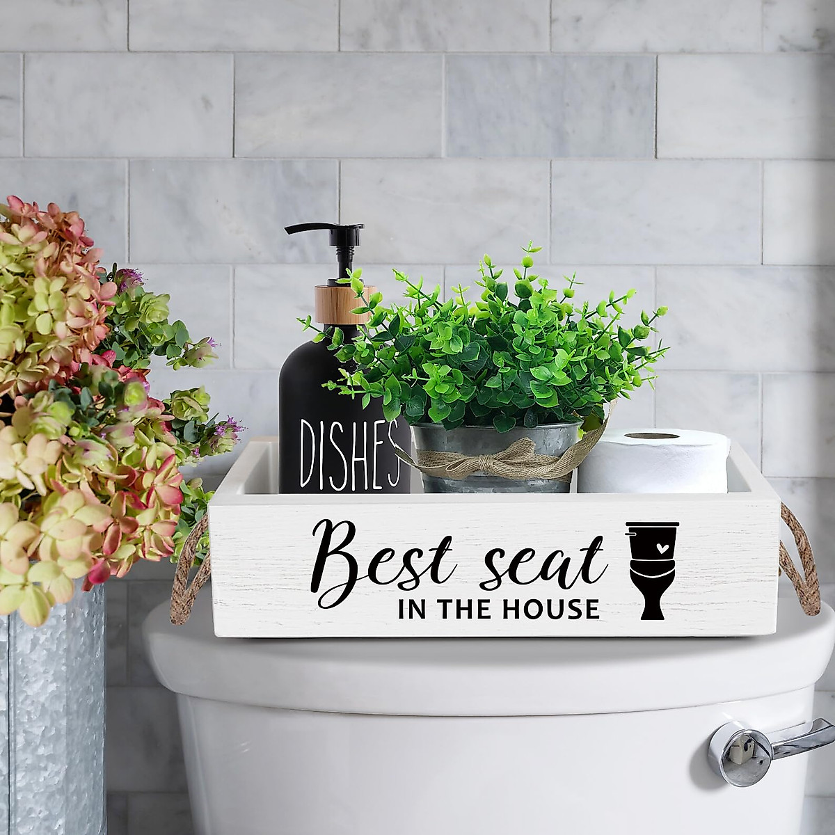 Msyueos Wash Your Hands Toilet Tank Basket Wooden Toilet Paper Basket Storage Box with 2 Sides Signs Toilet Basket Bathroom Decor Box Home Toilet Decor White Basket for Bathroom