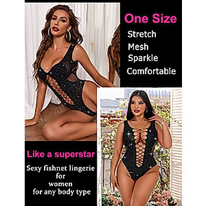 Avidlove Rhinestone Bodysuit Women Fishnet Lingerie for Women Sparkle Sexy Mesh Lingerie Teddy Lingerie Black