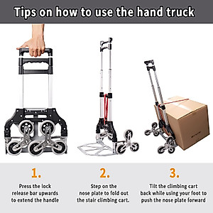Stair Climbing Cart, Folding Hand Truck, Aluminum Alloy Luggage Moving Trolley Cart Heavy Duty with Bungee Cord, Grocery Shopping Cart with TPR Wheels and Telescoping Handle Outdoor Office