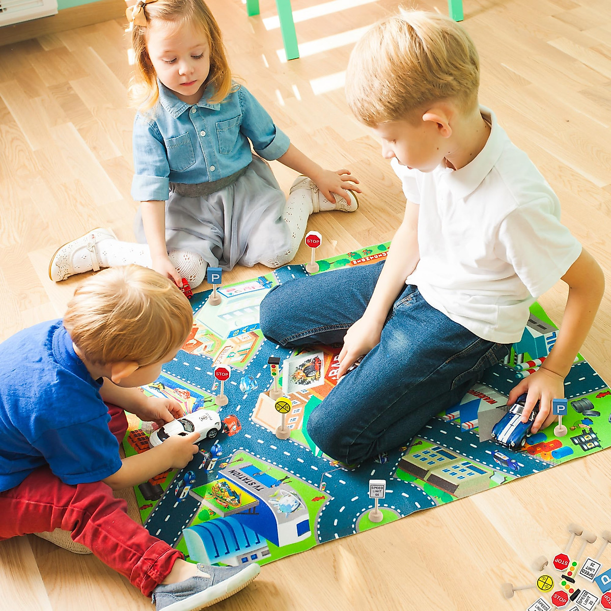 Attatoy Kids Wooden Street Signs Playset (14-Piece Set), Wood Traffic Signs Perfect for Car & Train Set