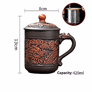 Ceramic Teacup, Chinese Hand Painted Purple Clay Tea Mug with Lid and Infuser, (13oz) Yixing Zisha Water Mug Drinkware for Office Home (balck dargon)