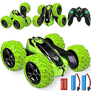 KKONES Remote Control Car, 2.4GHz Electric Race Stunt Car, Double Sided 360° Rolling Rotating Rotation, LED Headlights RC 4WD High Speed Off Road Gift for 3 4 5 6 7 8-12 Year Old Boy Toys (Green)