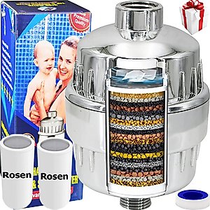 ROSEN Shower Filter for Hard Water-Home Bathroom Tap Softener | Vitamin C Kitchen Water Purifiers | Stops Hair Fall 15 Stage Alkaline Hardness Remover Hard to Soft Water Softner Cleans Borewell Salt