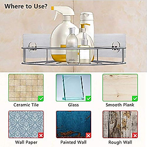 GEMITTO Corner Shower Caddy, SUS304 Stainless Steel Self-adhesive Bathroom Organizer Rack with 3 Stickers+2 Hooks, No Drilling for Shampoo Conditioner Kitchen Spice Storage (Silver)