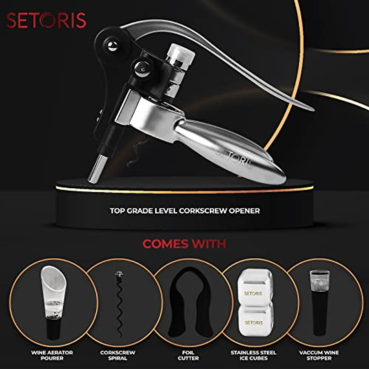 Heavy-Duty Rabbit Wine Opener With 2 Stainless Steel Ice Cubes By Setoris - Winged Corkscrew With Ergonomic Lever & Non-Stick Warm- Manual Rabbit Cork Remover- Great Wine Gift Idea (Bronze)