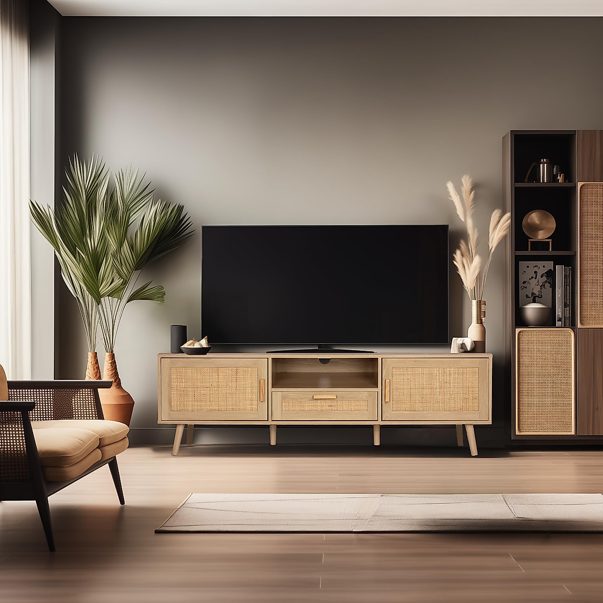 Finnhomy 59 Inch Boho TV Stand for up to 70 inch TV, TV Console with 2 Hand Made Rattan Decorated Doors, Living Room Entertainment Center TV Table with Storage, Natural