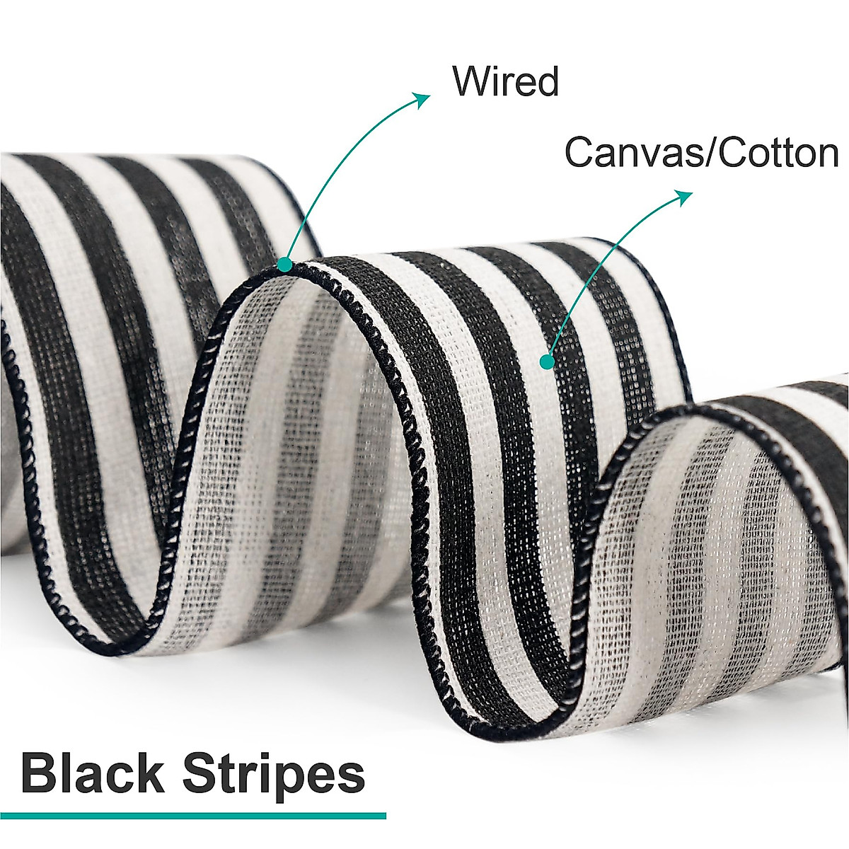 CT CRAFT LLC Striped Canvas Cotton Ribbon 2.5" x 10 Yards Ivory/Black Stripes for Thanksgiving Christmas Home Décor Gift Wrapping Outdoor Tree Topper Bow Wreath