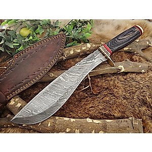 Damascus Steel Hunting Bowie Knife 14.5 Inches Custom Made Hand Forged with 10" Blade, 2 Tone Green Wood with Engraved Brass Scale, Thick Cow Hide Leather Sheath with Belt Loop (Black)